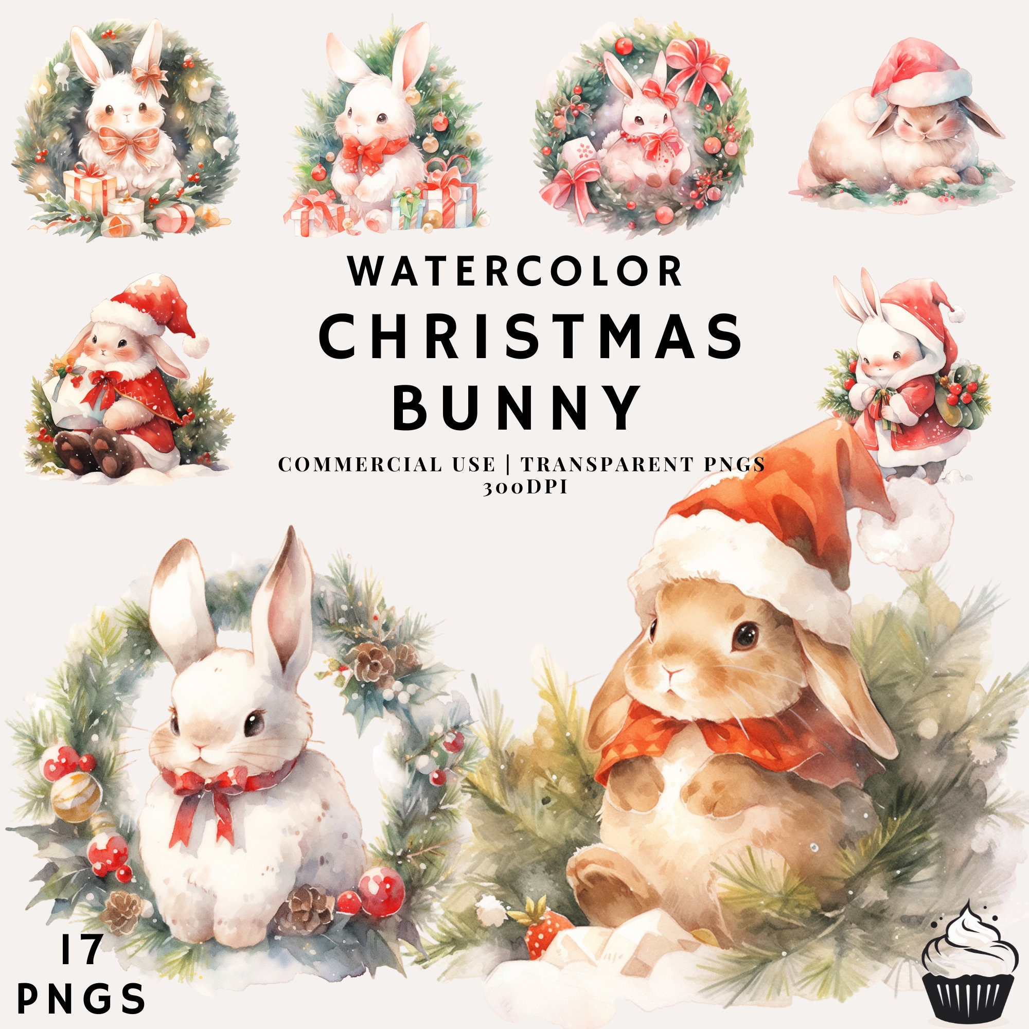 Watercolor Christmas Bunny Clipart Bundle | PNG | Commercial Use ...