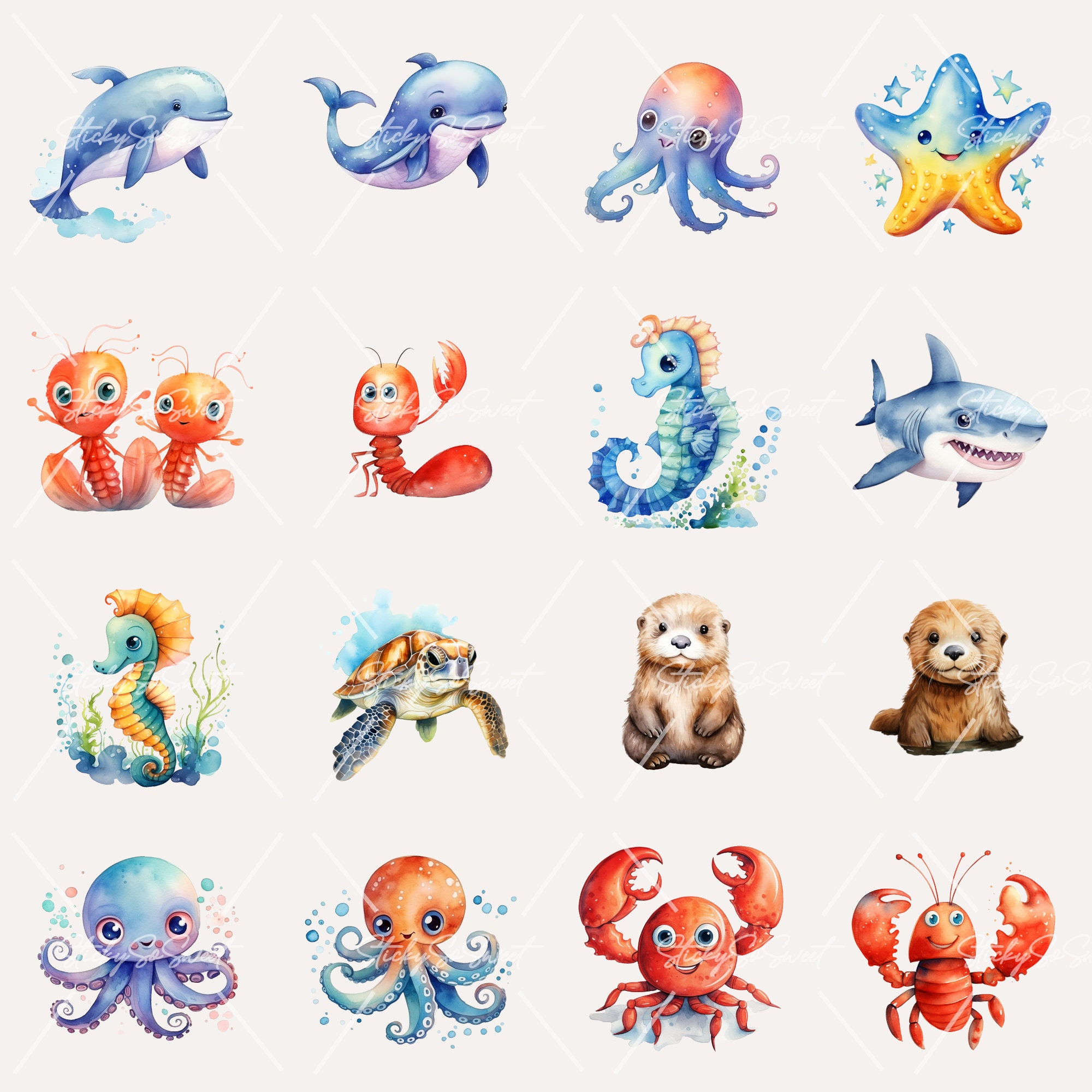 Watercolor Cute Sea Nursery Animals Bundle Clipart | PNG | Commercial ...