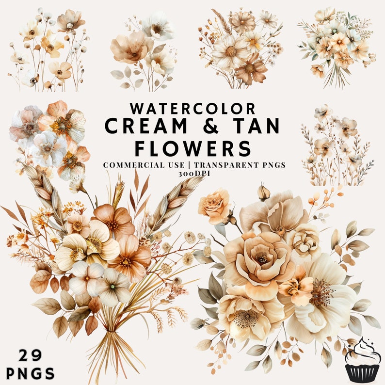 Watercolor Cream and Tan Flowers Clipart Bundle | PNG | Commercial Use ...