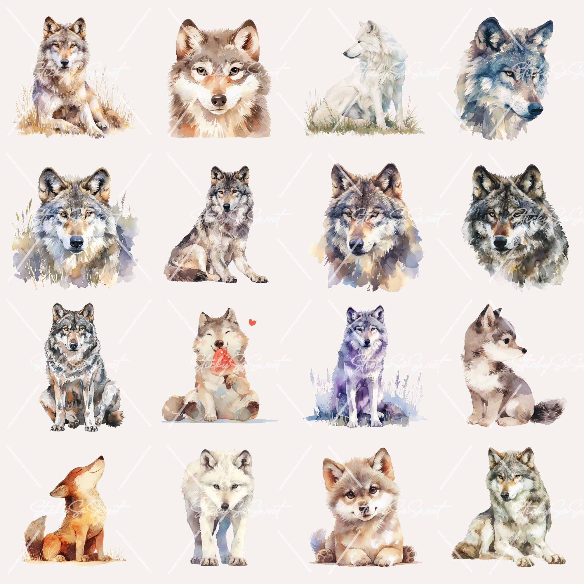 Watercolor Cute Wolf Clipart | 18 PNG Bundle (commercial Use) - Etsy