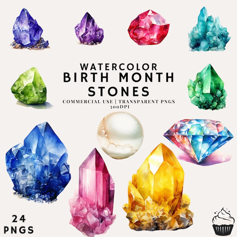 Watercolor Birth Month Stone Bundle Clipart | PNG | Commercial Use ...