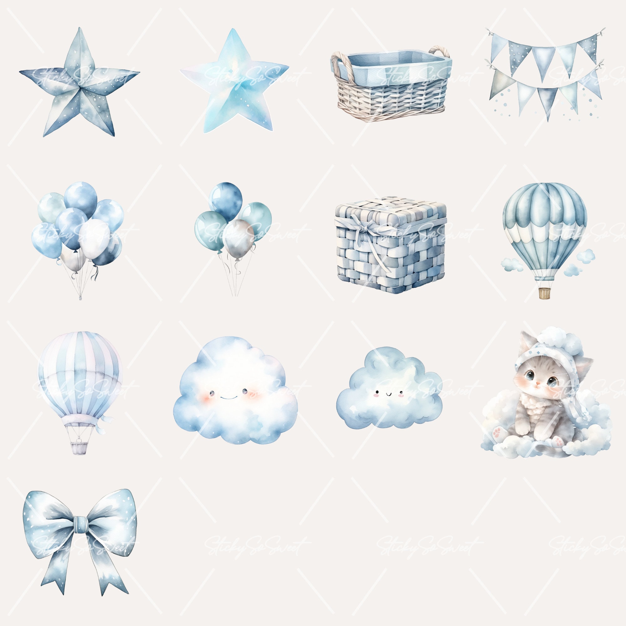 Watercolor Blue Kitten Clipart Bundle: Baby Shower PNG (instant ...