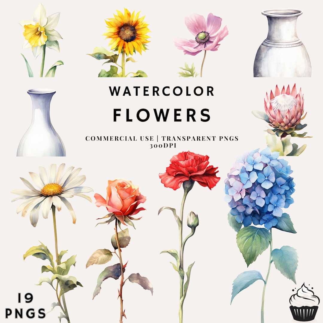 Watercolor Flowers Bundle Clipart | PNG | Commercial Use | Instant ...