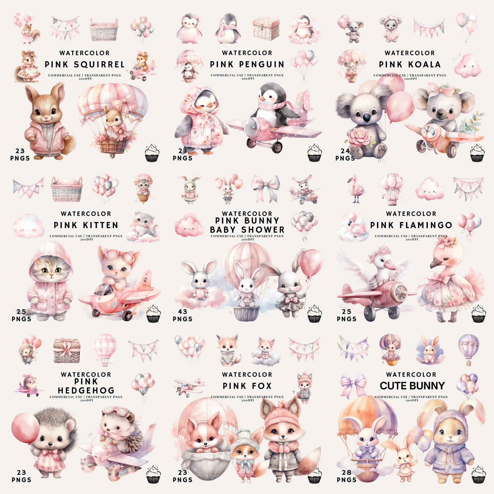 MEGA BUNDLE Watercolor Pink Animals Baby Shower Clipart Bundle PNG ...