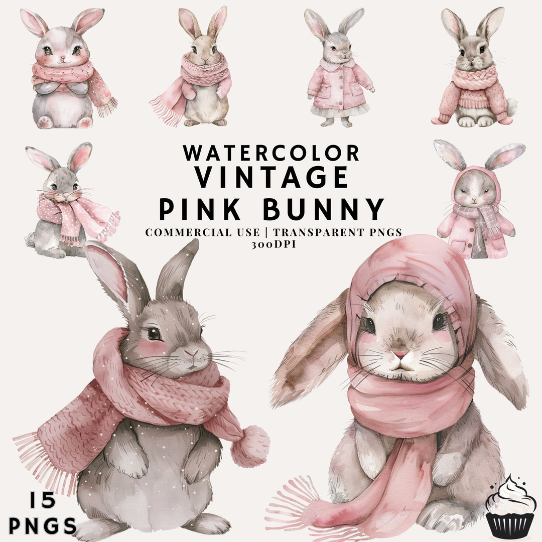 Watercolor Cute Vintage Pink Bunny Clipart Bundle | PNG | Commercial ...