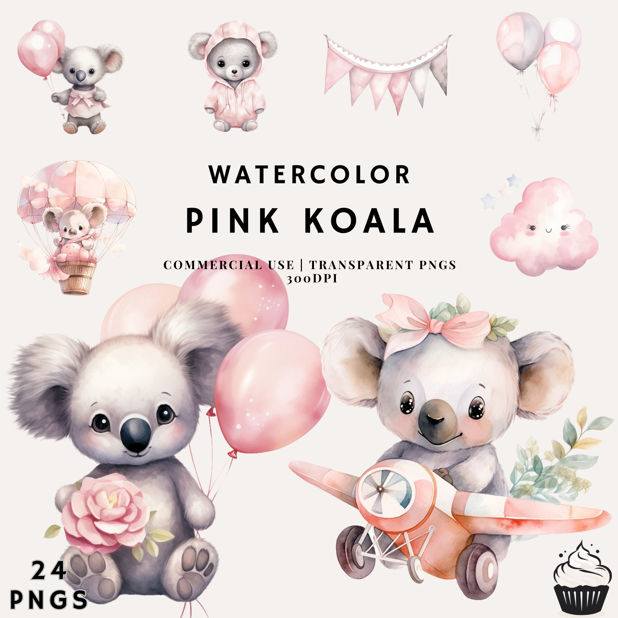 Watercolor Cute Baby Pink Koala Bundle | PNG | Commercial Use | Instant ...
