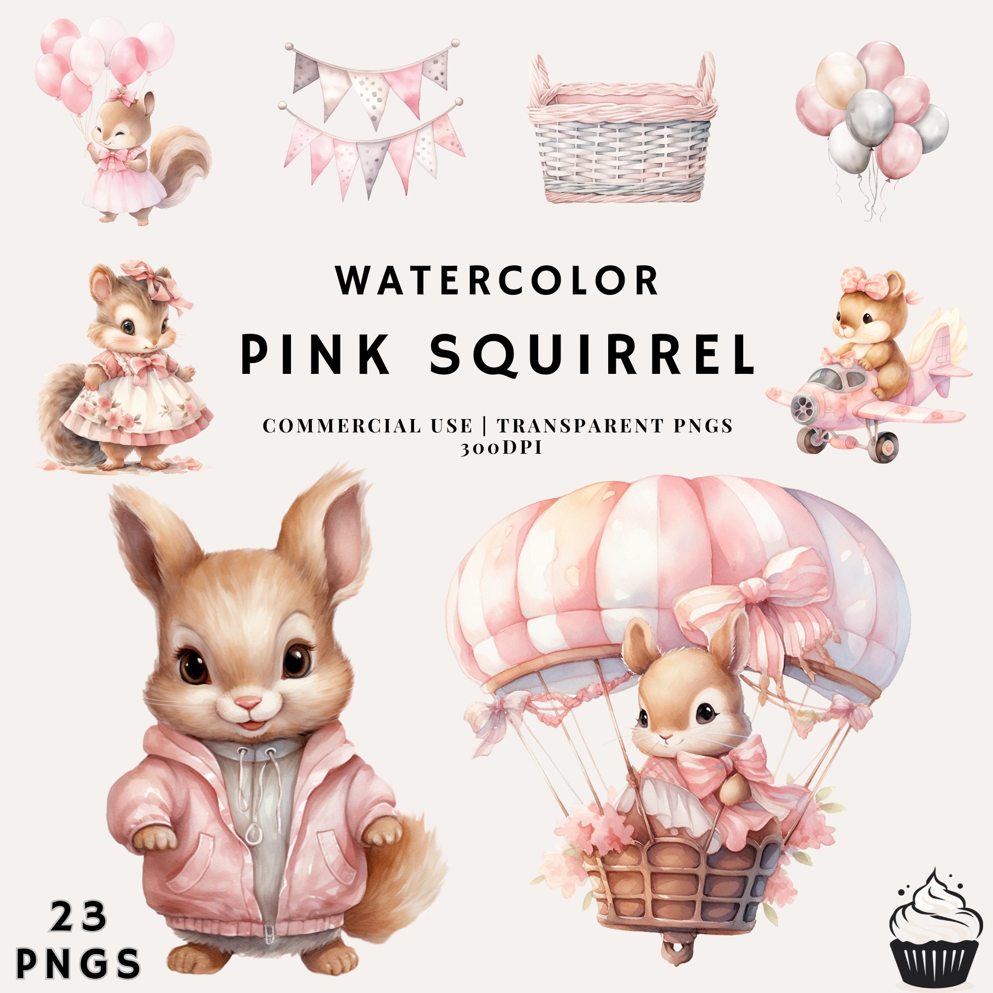 Watercolor Cute Baby Pink Squirrel Bundle | PNG | Commercial Use ...