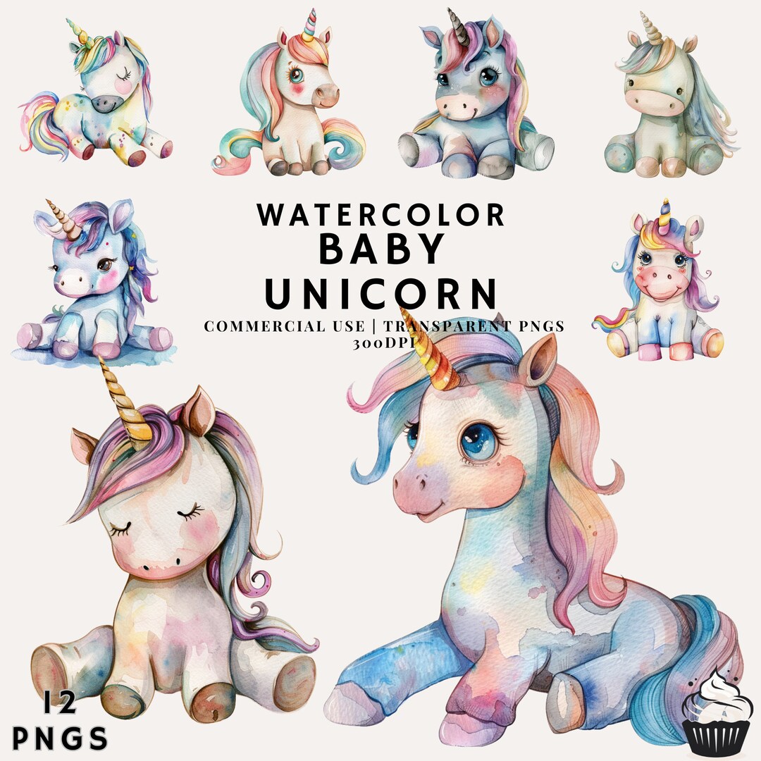 Watercolor Baby Unicorn Clipart Bundle | PNG | Commercial Use | Instant ...