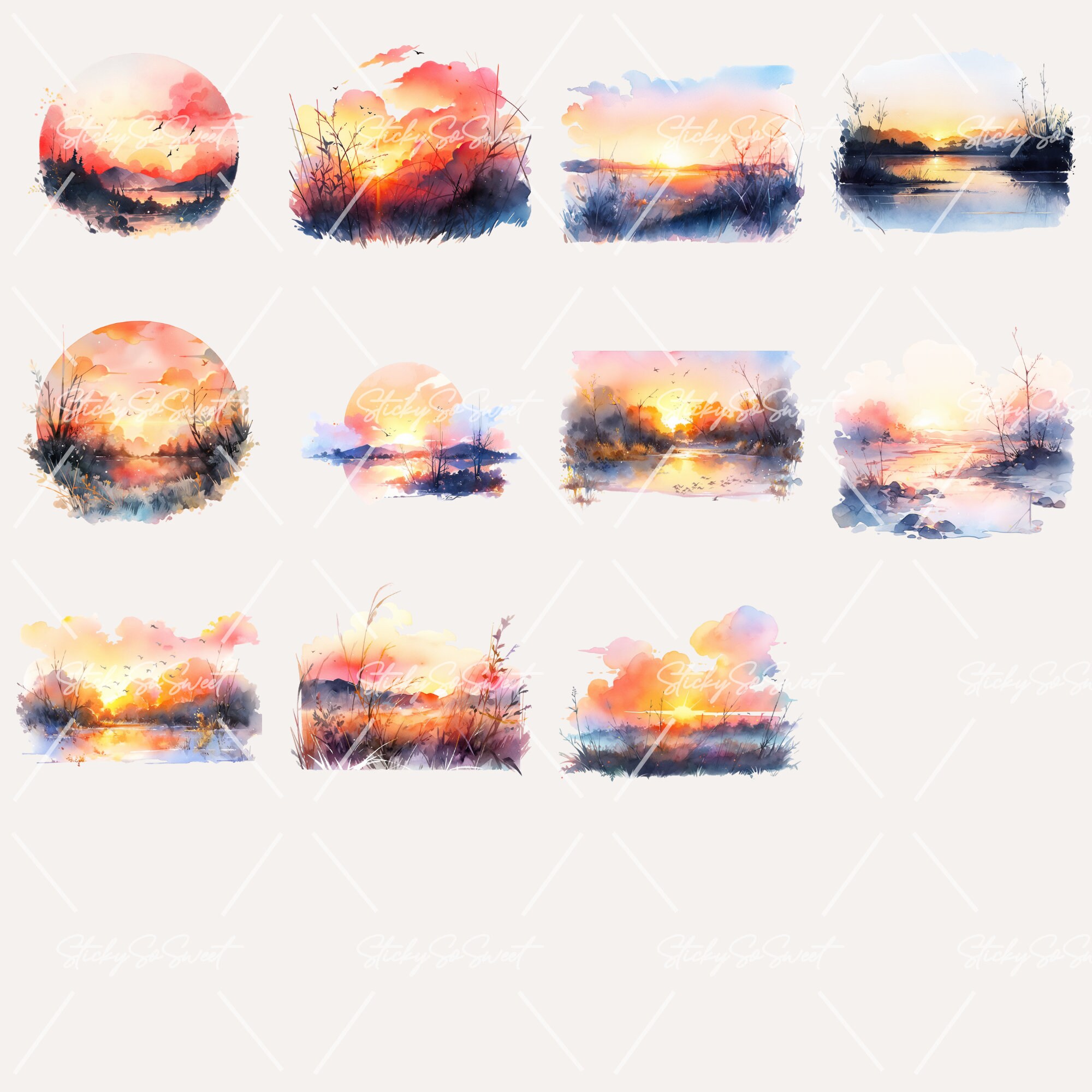 Watercolor Sunset Landscape Clipart Bundle | PNG | Commercial Use ...
