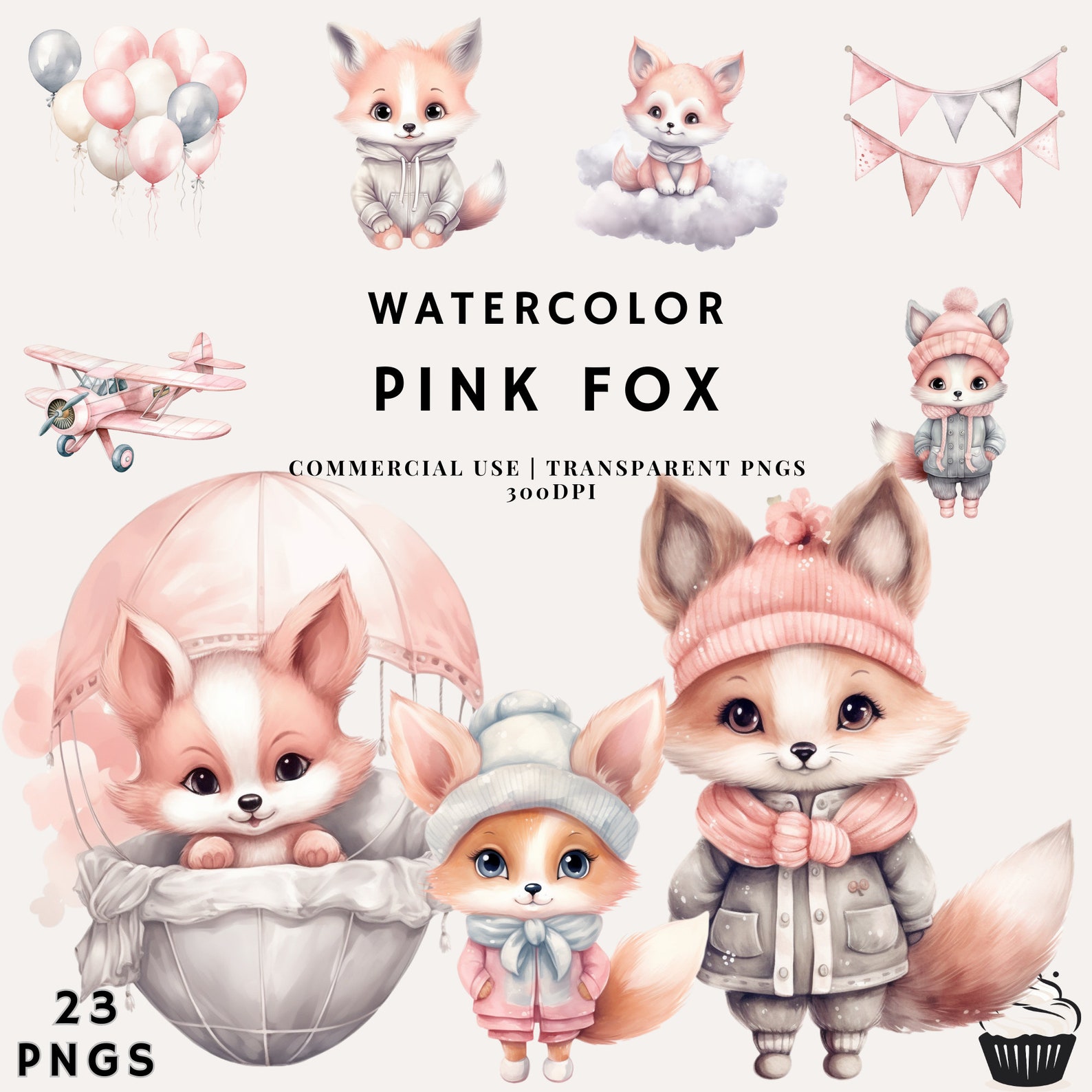 Watercolor Pink Cute Fox Clipart Bundle | PNG | Commercial Use ...