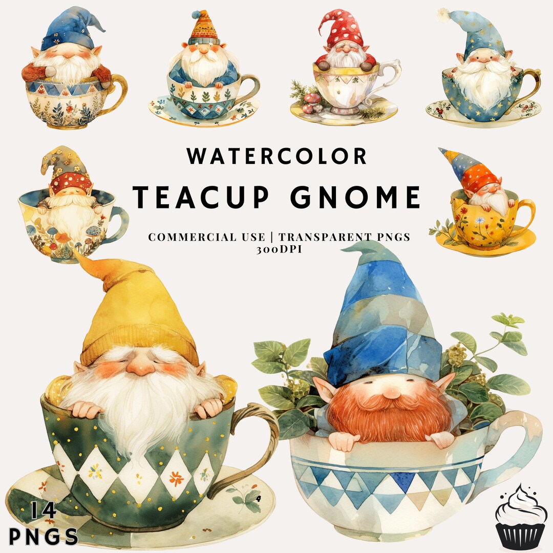 Watercolor Cute Gnome in A Teacup Clipart Bundle | PNG | Commercial Use ...