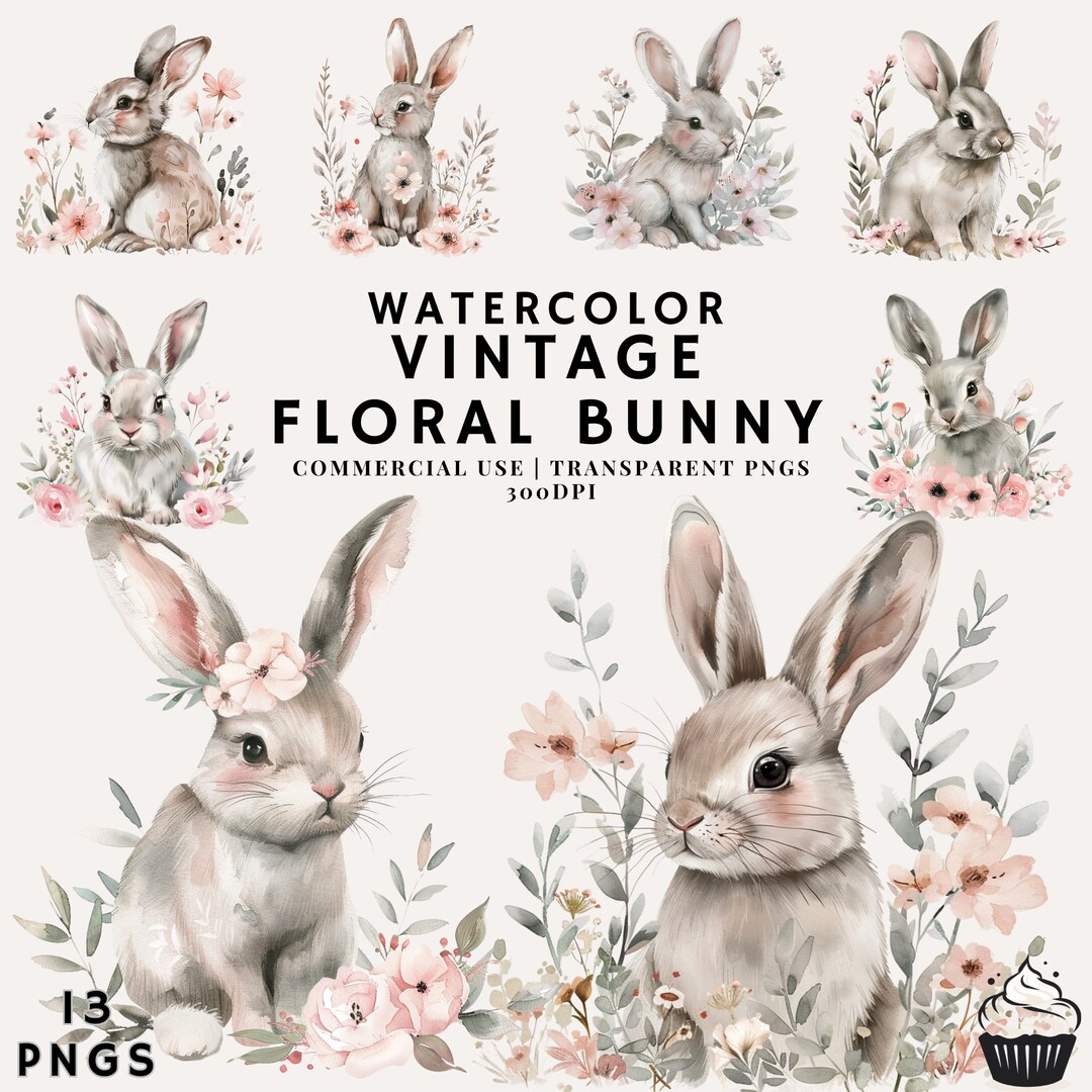 Watercolor Bunny Clipart Bundle: Vintage Floral PNG (commercial Use) - Etsy