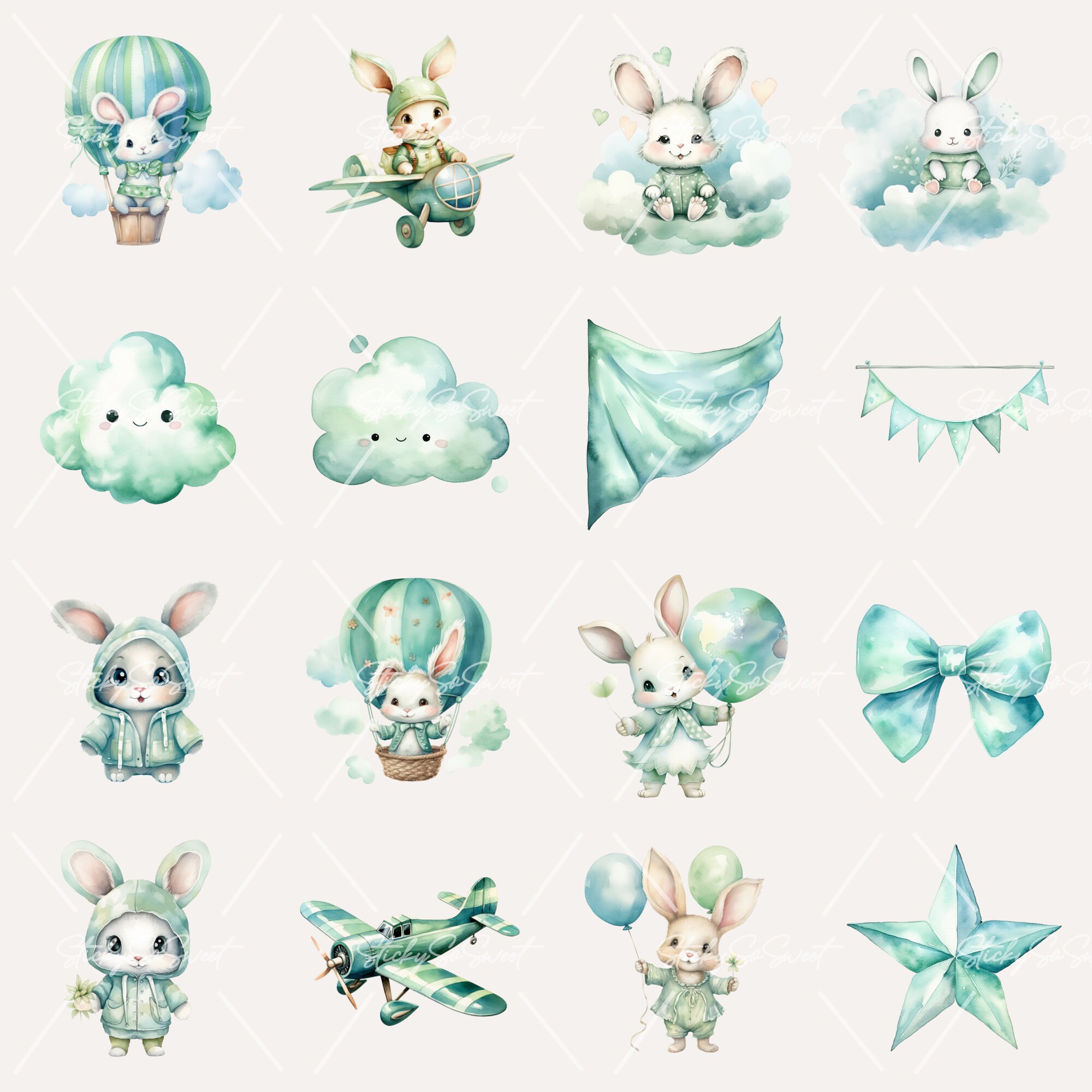 Watercolor Cute Green Bunny Clipart Bundle PNG Commercial Use Instant ...