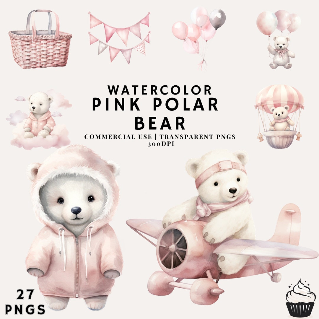 Watercolor Cute Baby Pink Polar Bear Bundle | PNG | Commercial Use ...