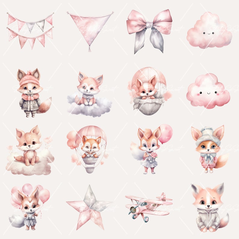 Watercolor Pink Cute Fox Clipart Bundle | PNG | Commercial Use ...