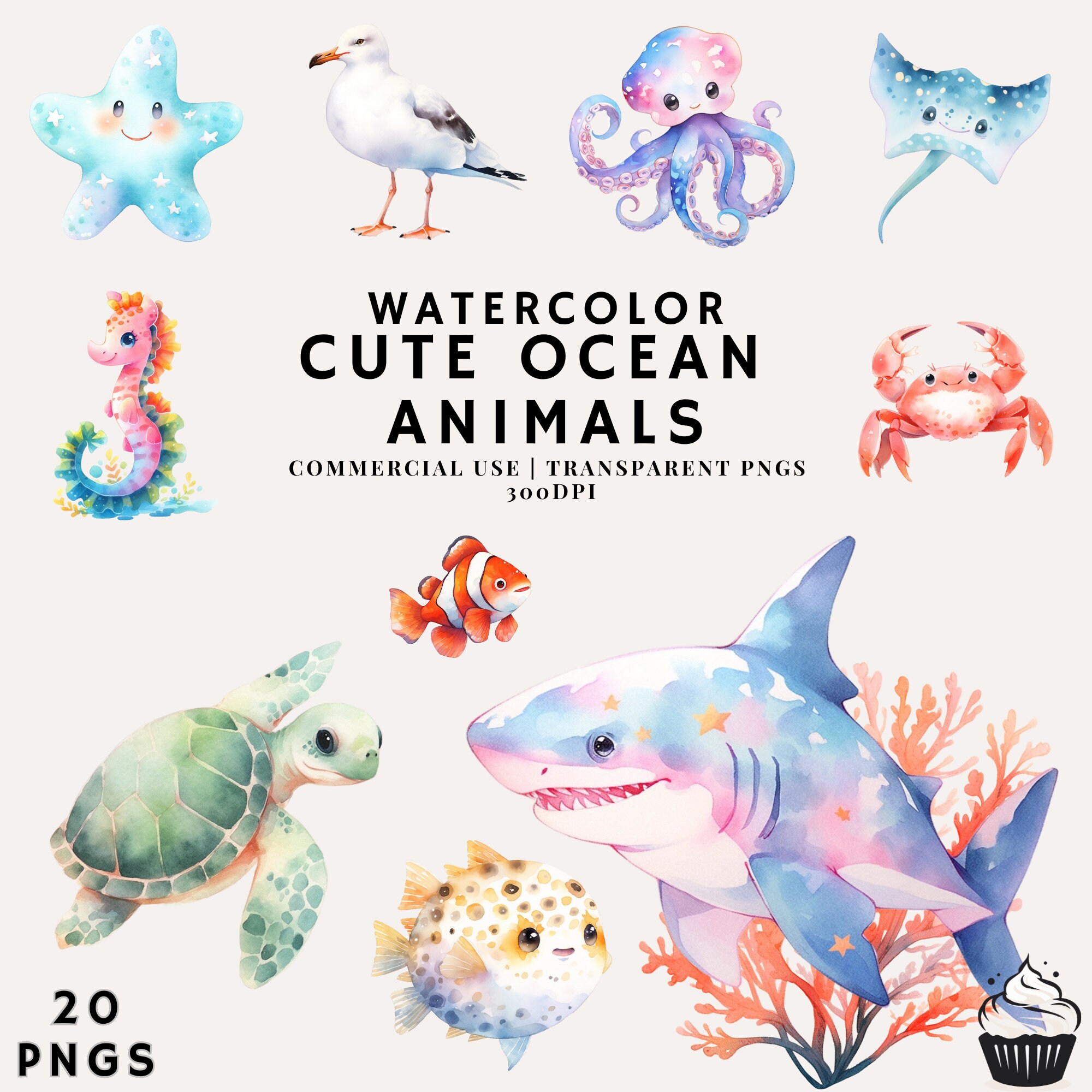 Watercolor Cute Ocean Animals Bundle PNG Commercial Use - Etsy