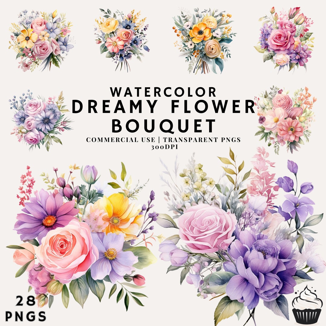 Watercolor Dreamy Flower Bouquet Bundle Clipart | PNG | Commercial Use ...