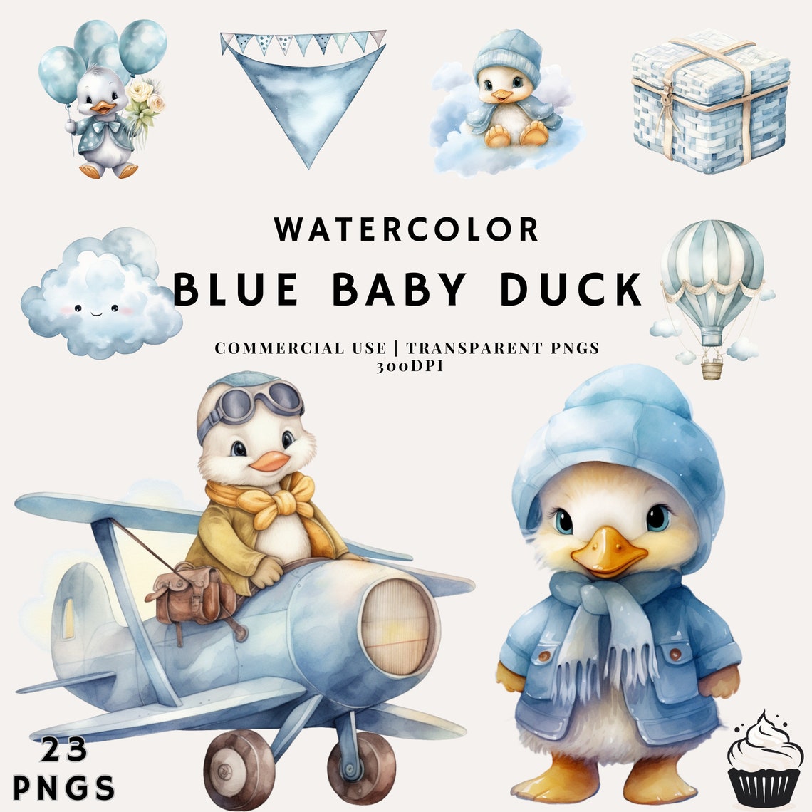Watercolor Cute Blue Baby Duck Clipart Bundle PNG Commercial Use ...