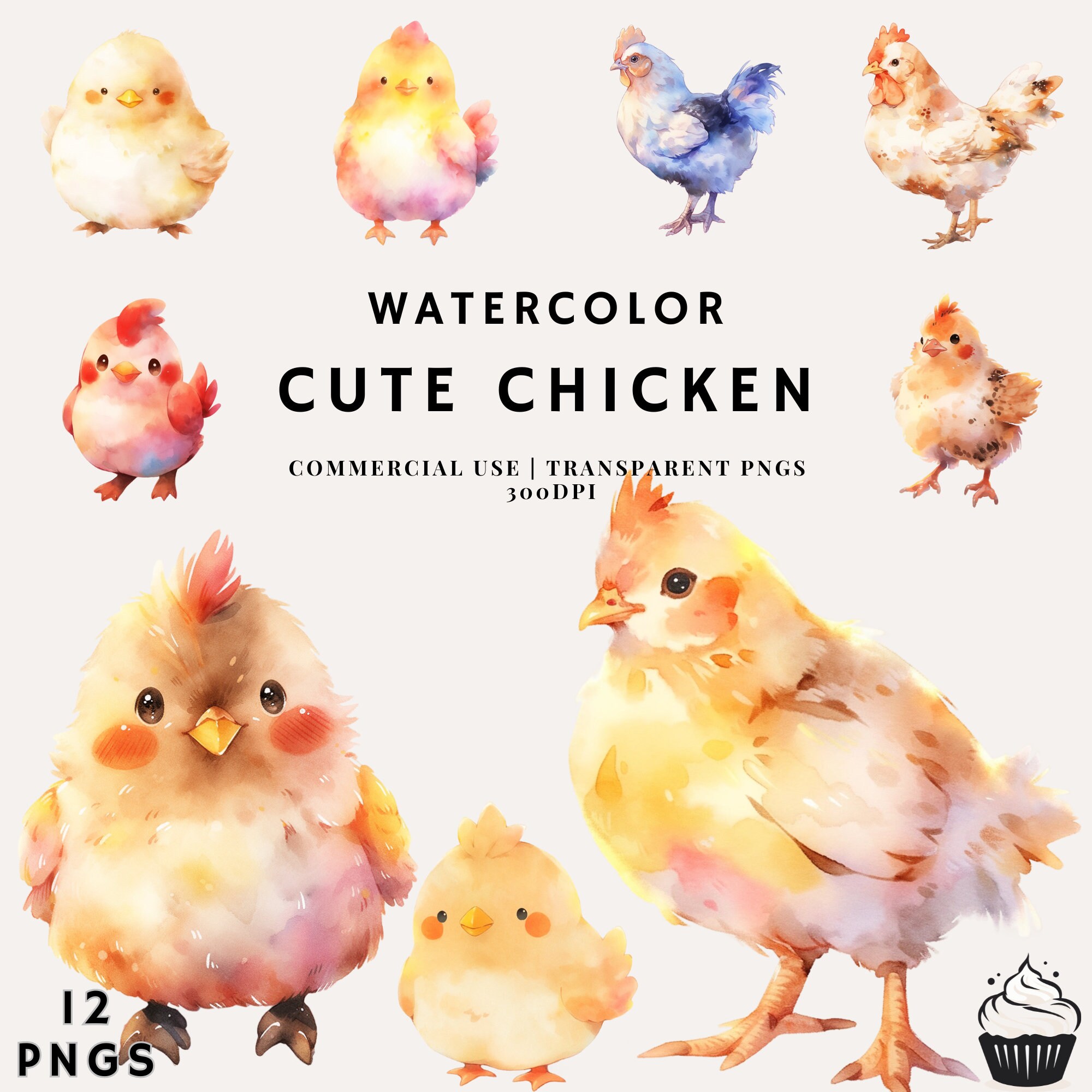 Watercolor Cute Chicken Bundle Clipart | PNG | Commercial Use | Instant ...