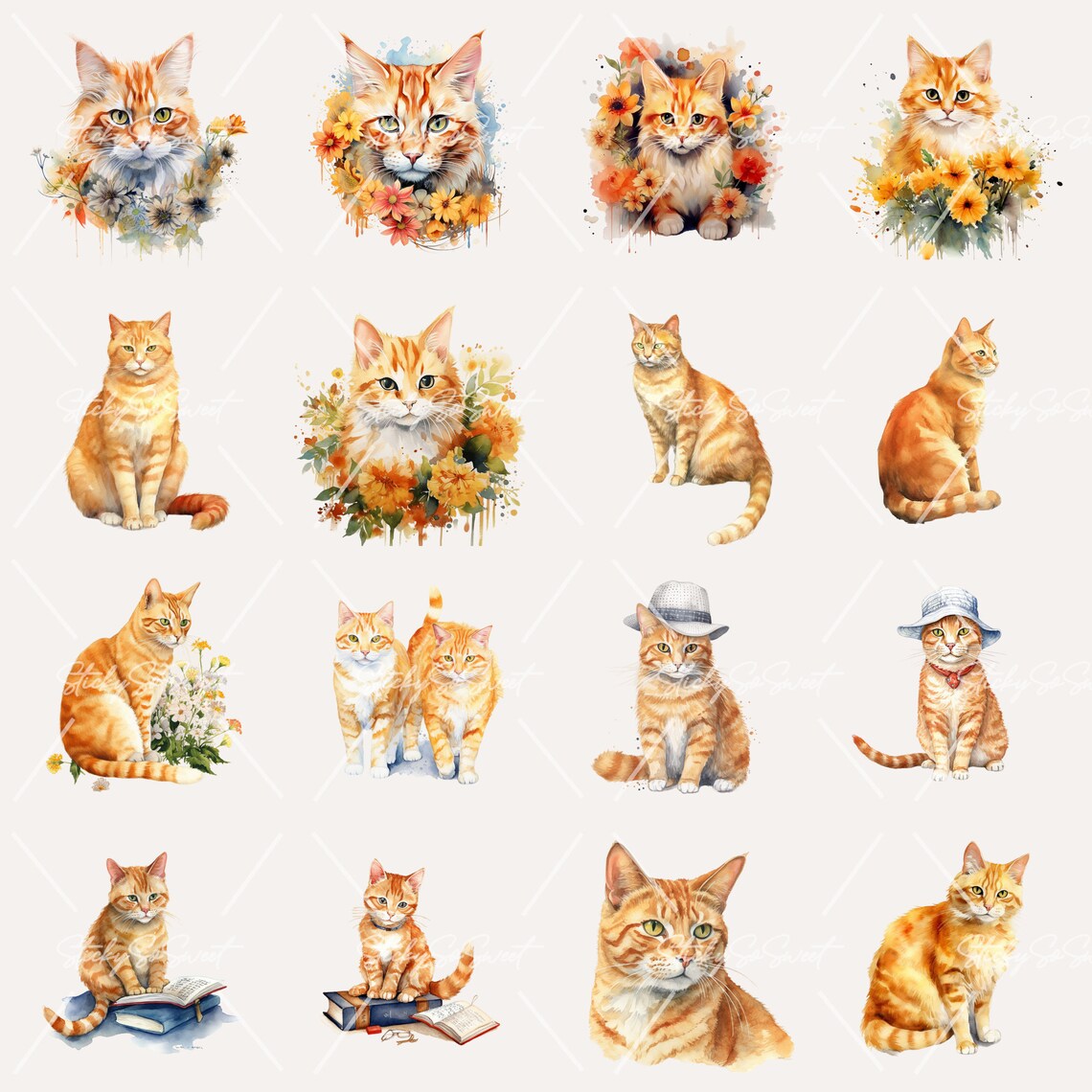 Watercolor Orange Cat Bundle Clipart PNG Commercial Use Instant ...