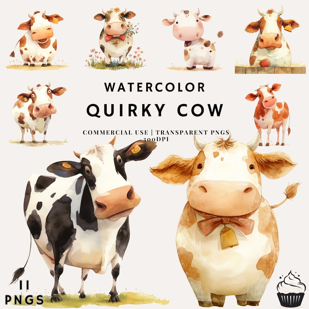 Watercolor Quirky Cow Clipart Bundle | PNG | Commercial Use | Instant ...