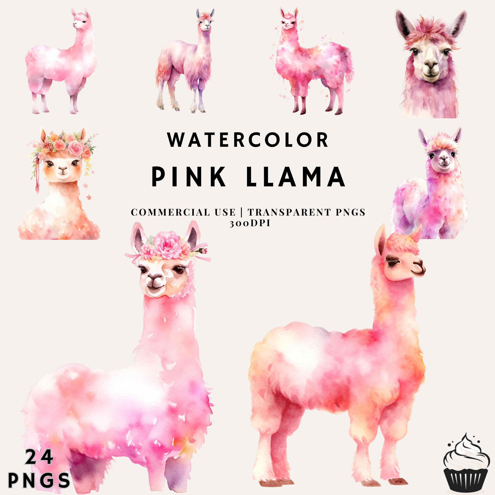 Watercolor Cute Pink Llama | PNG | Commercial Use | Instant Download ...