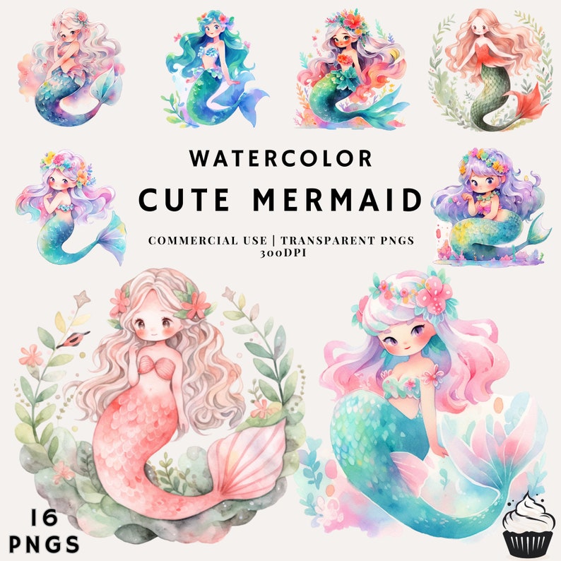 Watercolor Cute Mermaid Clipart Bundle | PNG | Commercial Use | Instant ...
