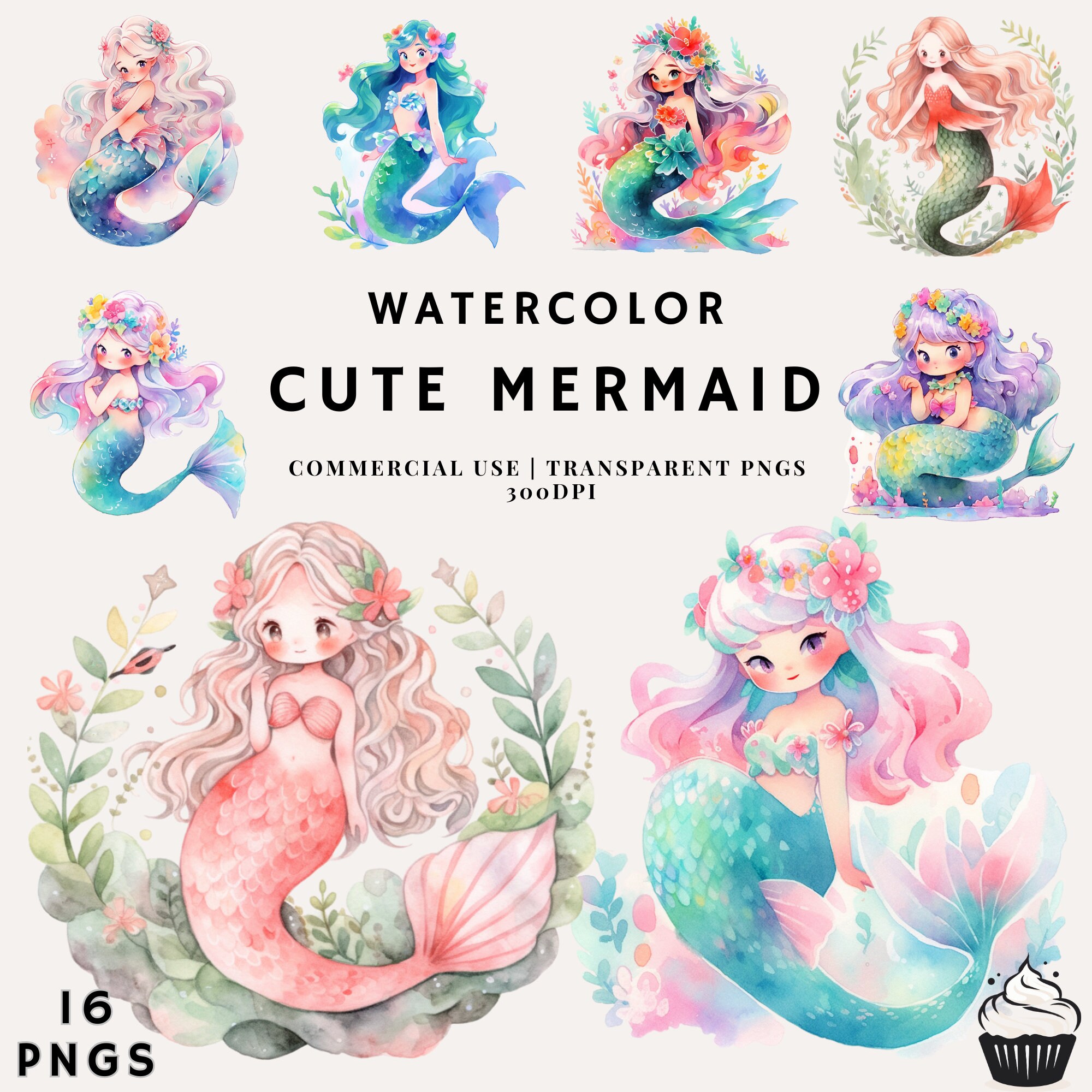 Watercolor Cute Mermaid Clipart Bundle | PNG | Commercial Use | Instant ...