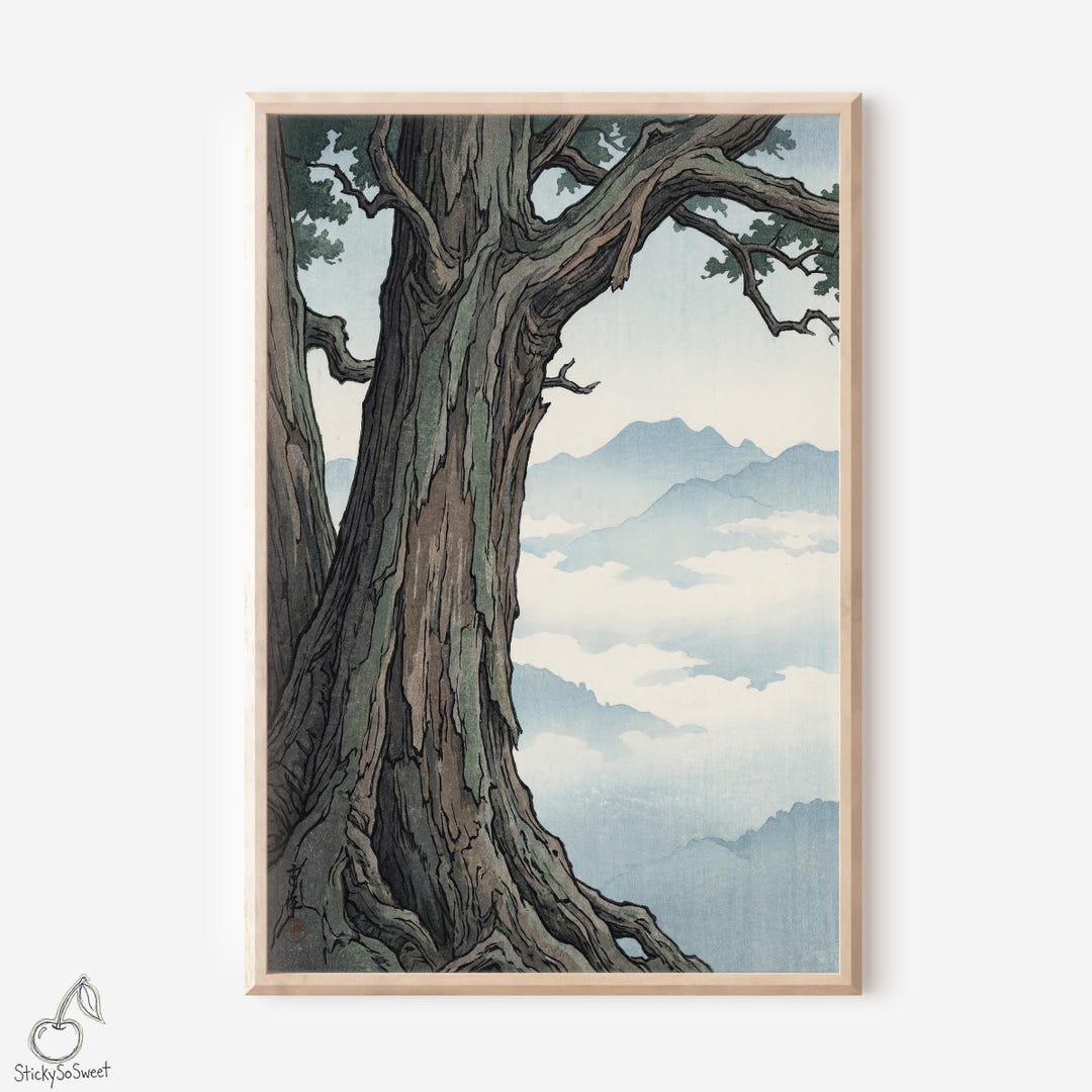 Ancient Cedar Tree Print | Japanese Woodblock Wall Art | Misty Mountain ...