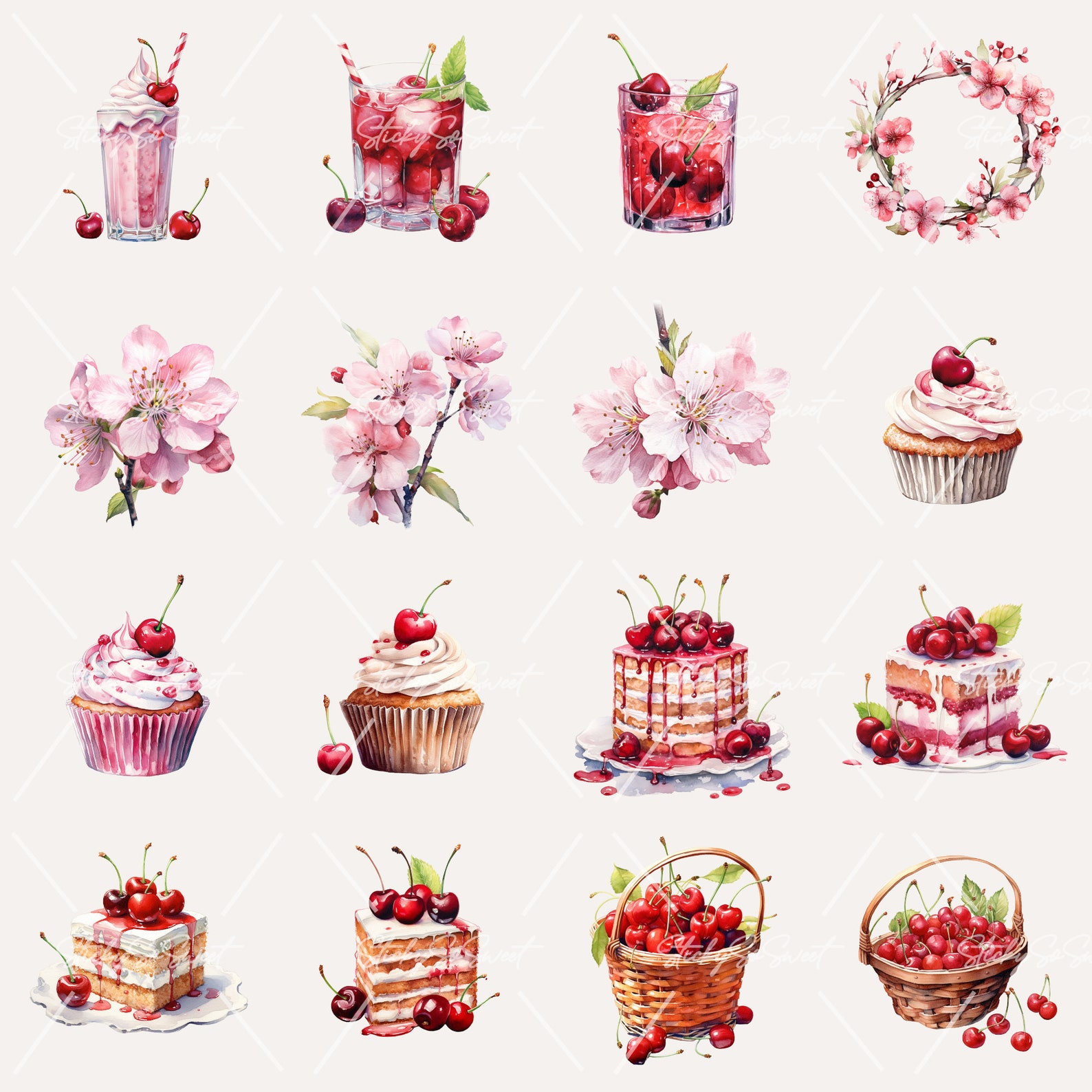 Watercolor Cherry Bundle Clipart | PNG | Commercial Use | Instant ...