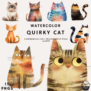 Watercolor Quirky Cat Clipart Bundle | PNG | Commercial Use | Instant ...