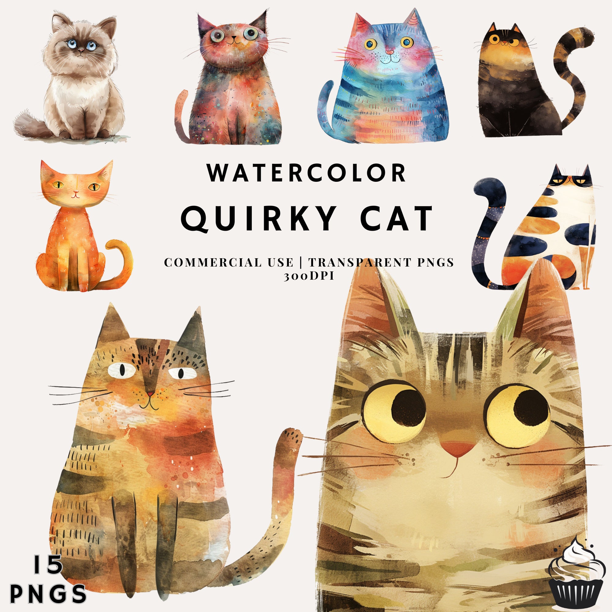 Watercolor Quirky Cat Clipart Bundle | PNG | Commercial Use | Instant ...