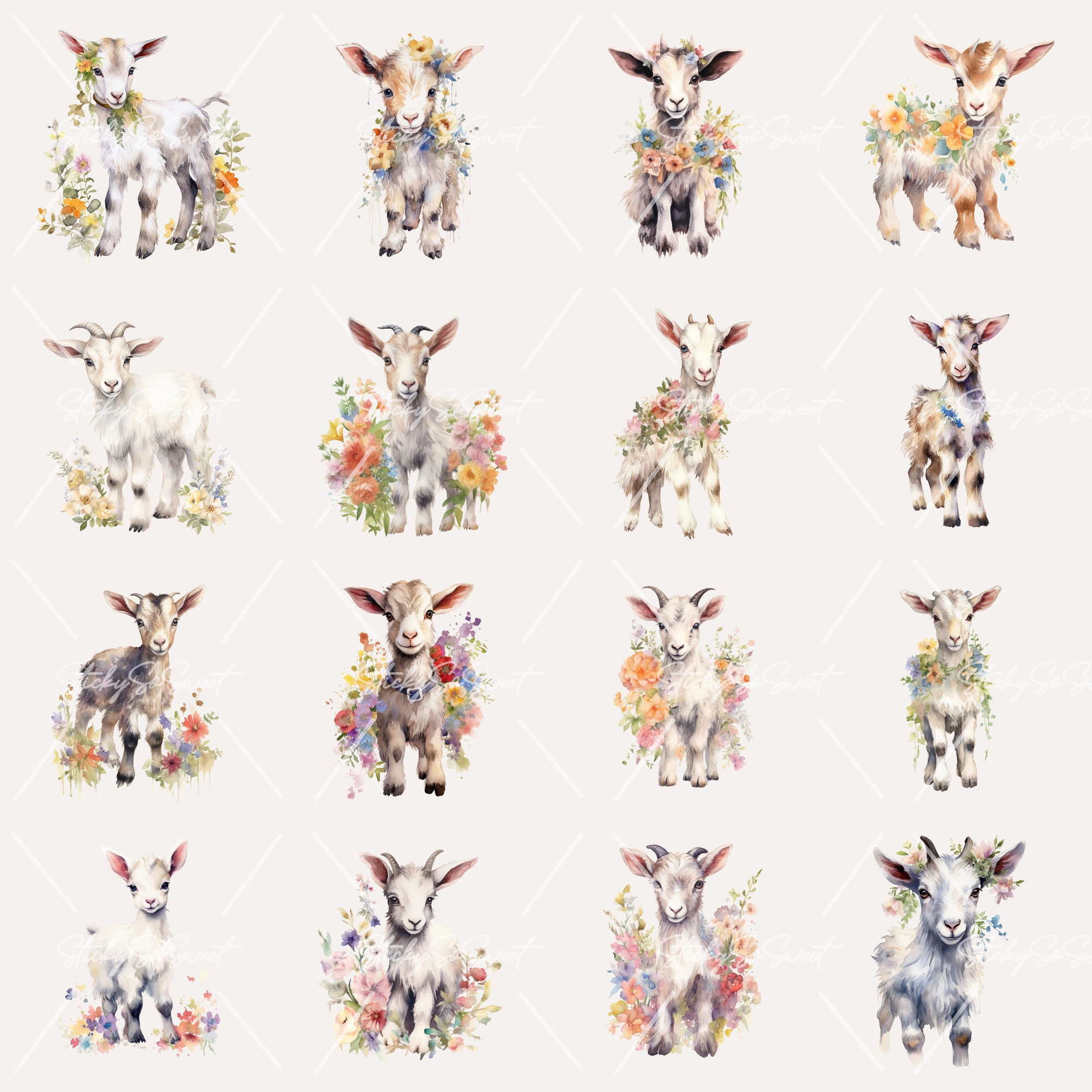 Watercolor Floral Baby Goat Bundle Clipart | PNG | Commercial Use ...