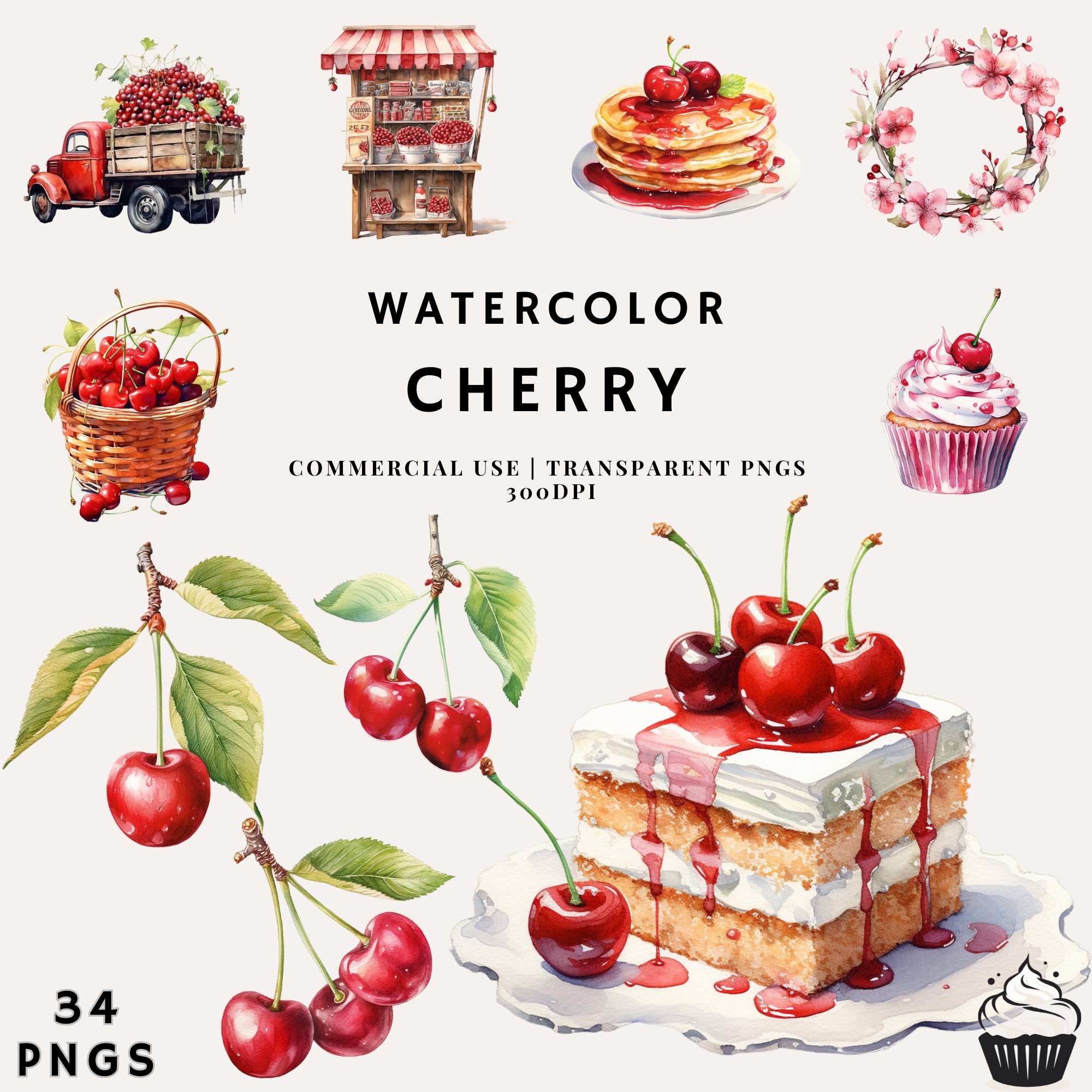 Watercolor Cherry Bundle Clipart | PNG | Commercial Use | Instant ...
