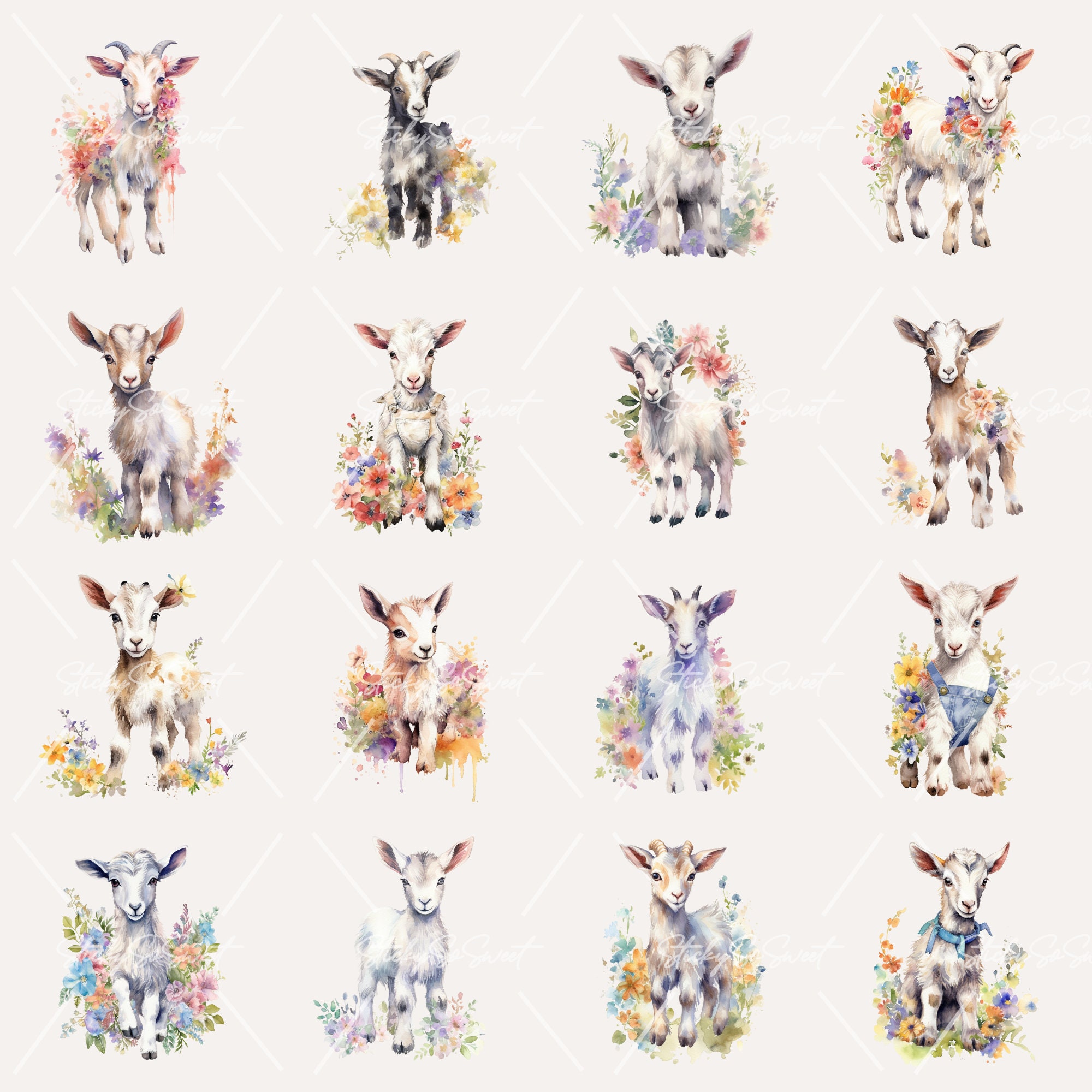 Watercolor Floral Baby Goat Bundle Clipart | PNG | Commercial Use ...
