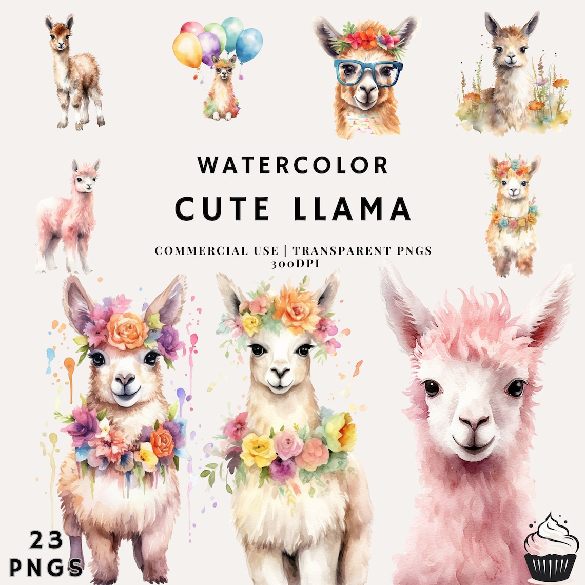 Watercolor Floral Llama Bundle Clipart | PNG | Commercial Use | Instant ...