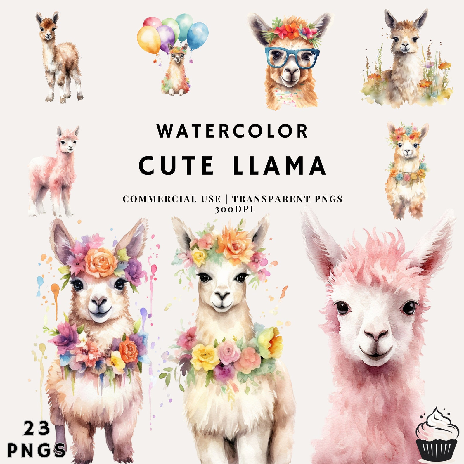 Watercolor Floral Llama Bundle Clipart | PNG | Commercial Use | Instant ...