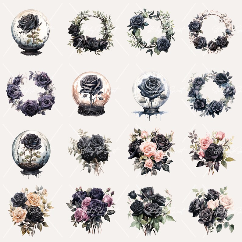 Watercolor Black Rose Bundle Clipart | PNG | Commercial Use | Instant ...