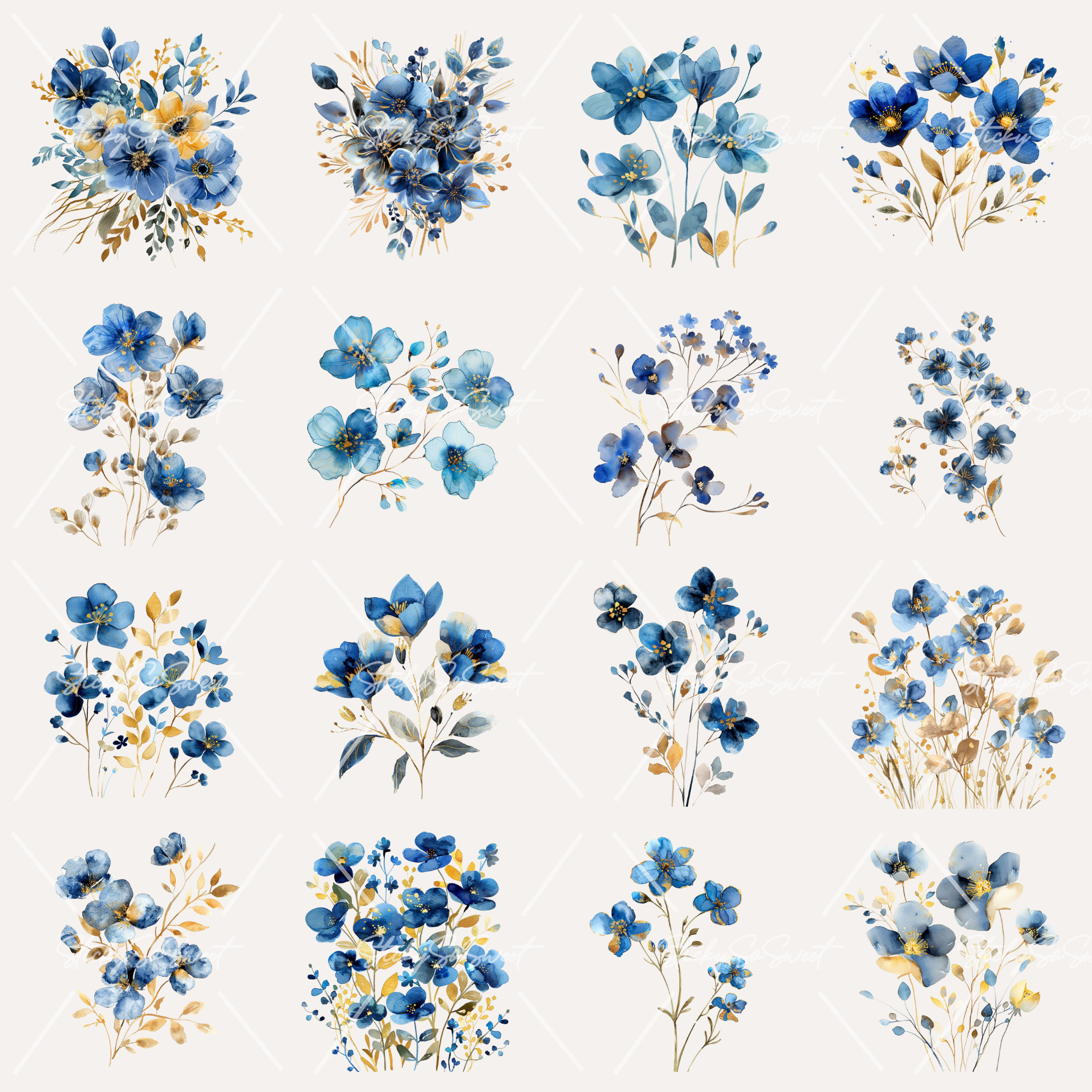 Watercolor Gold and Blue Flowers Clipart Bundle | PNG | Commercial Use ...