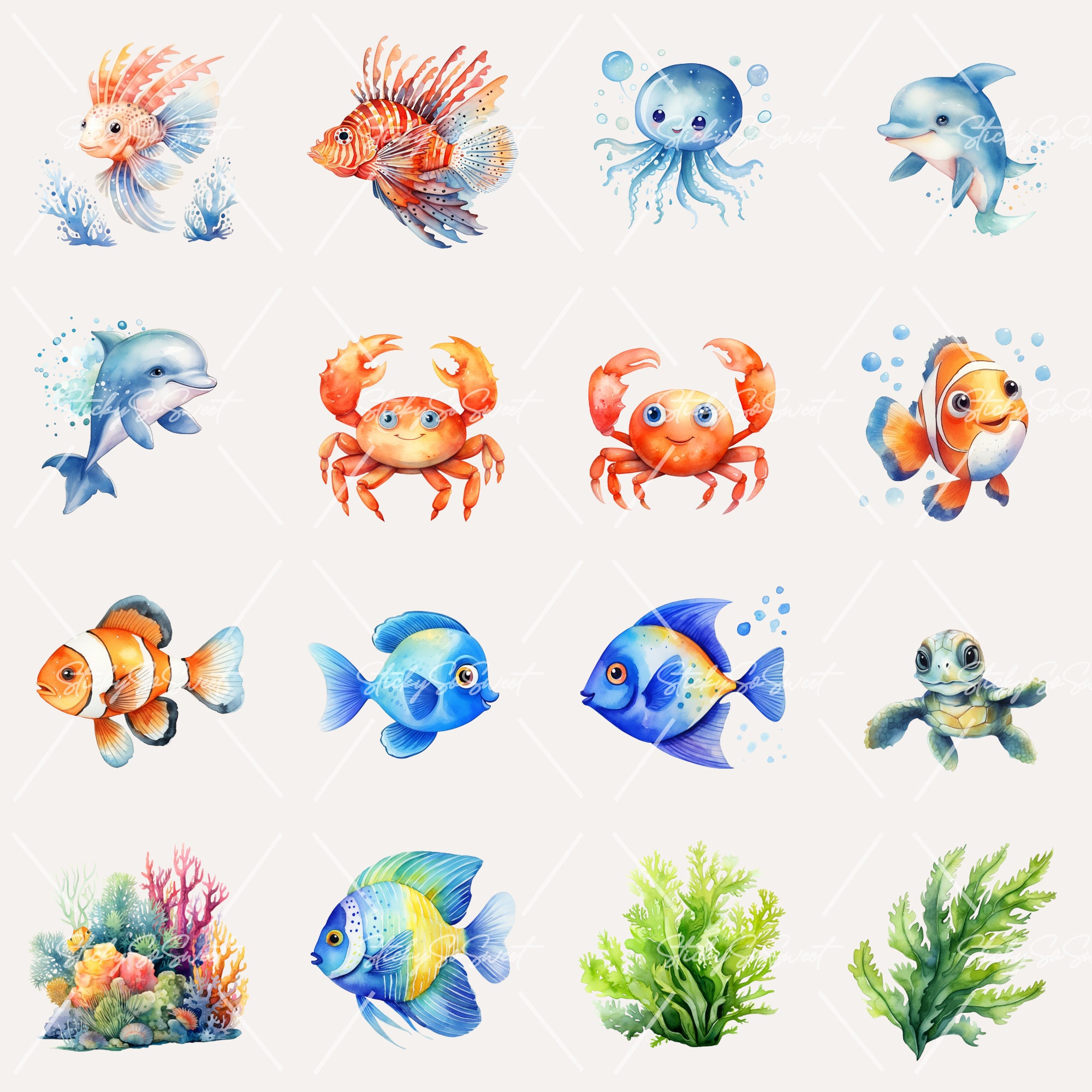 Watercolor Sea Animals Clipart Bundle | Cute Nursery PNG (commercial ...