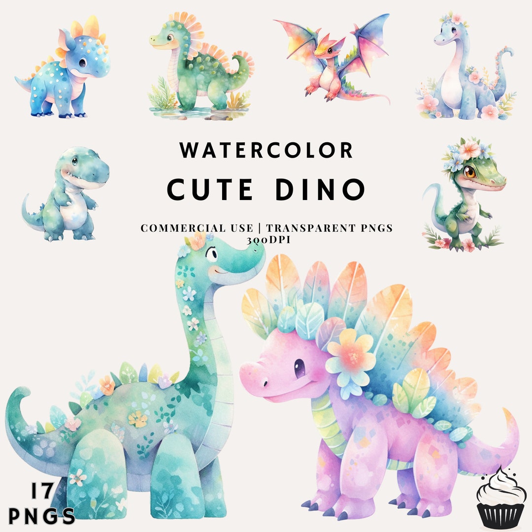 Watercolor Baby Dinosaur Clipart | Cute Dino PNG Bundle (commercial Use ...