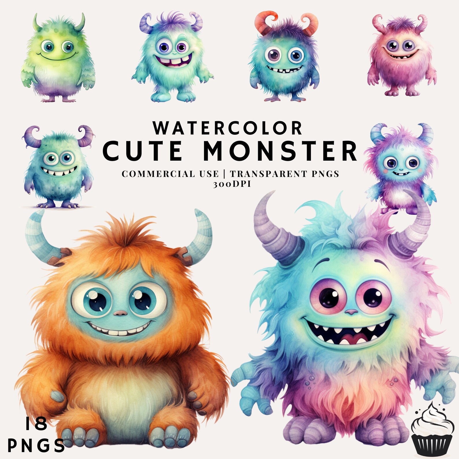Watercolor Cute Monster Clipart | 18 PNG Bundle (commercial Use) - Etsy