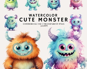 Cute Colorful Baby Monster Watercolor Clipart PNG Bundle. Children ...