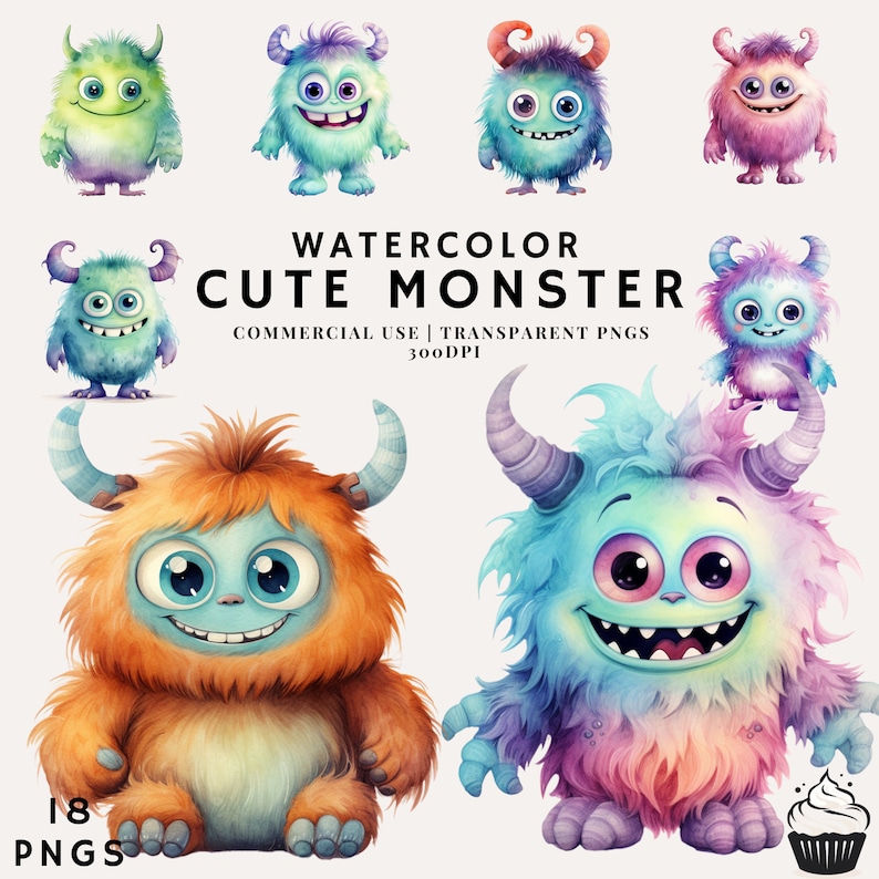 Watercolor Cute Monster Clipart Bundle | PNG | Commercial Use | Instant ...