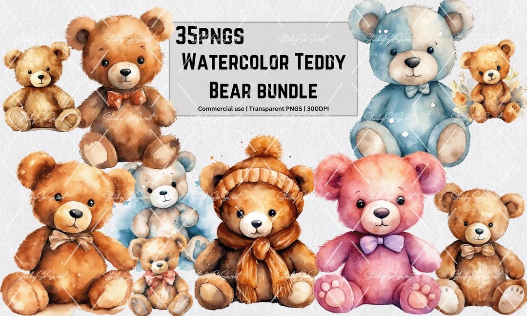 Watercolor Teddy Bear Bundle Clipart PNG Commercial Use - Etsy