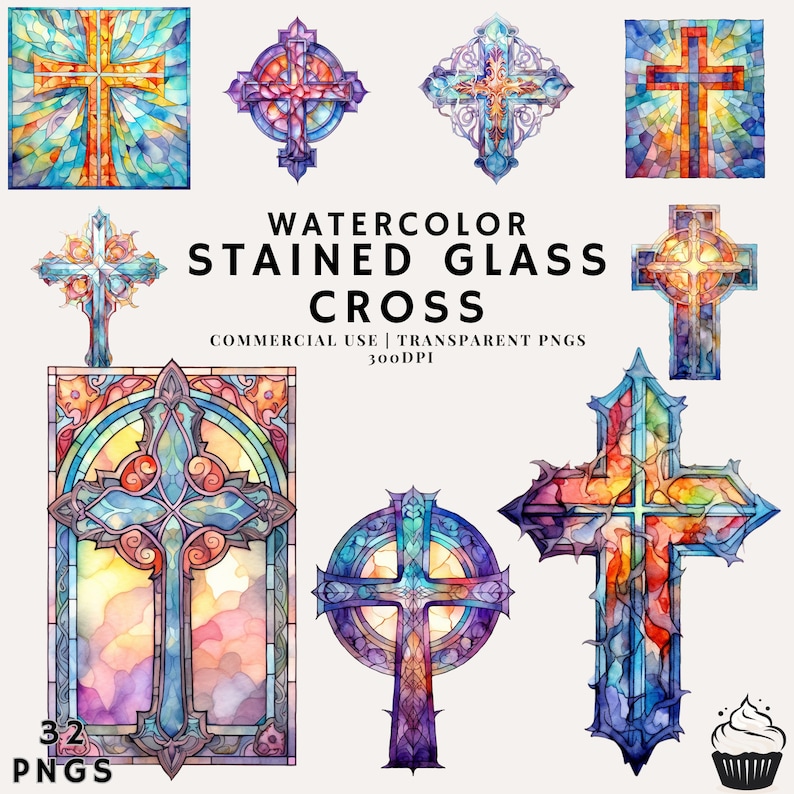 Watercolor Stained Glass Cross Bundle Clipart | PNG | Commercial Use ...