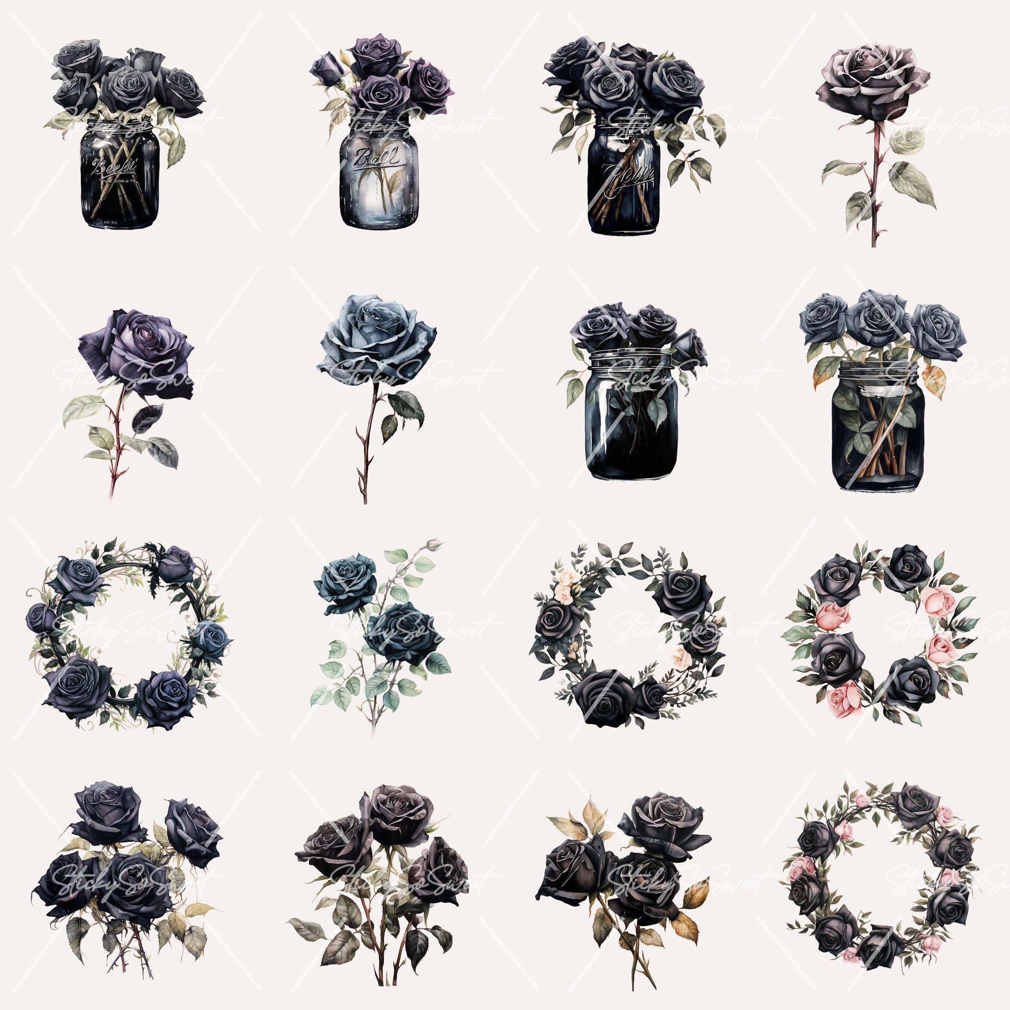 Watercolor Black Rose Bundle Clipart | PNG | Commercial Use | Instant ...