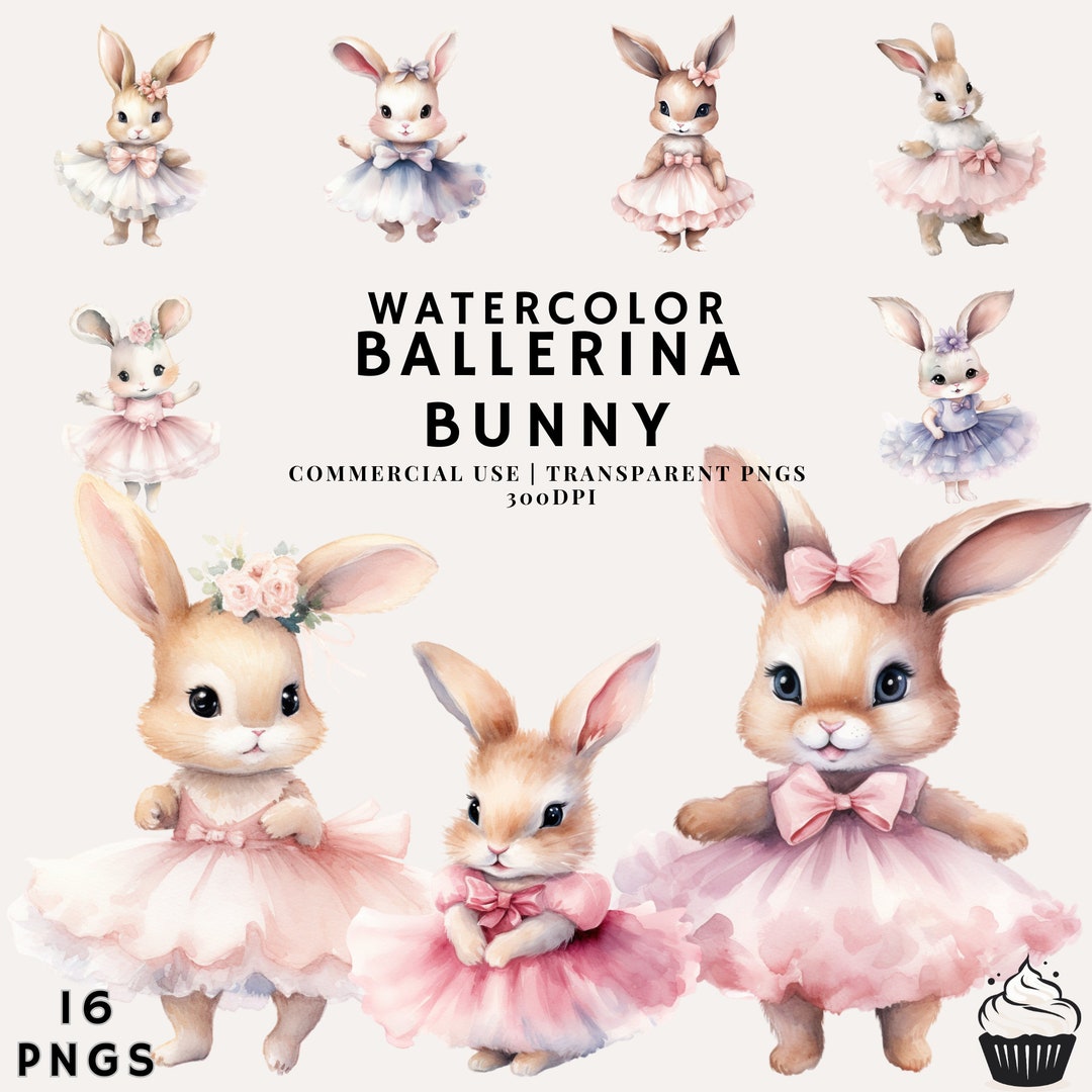 Watercolor Cute Ballerina Bunny Clipart Bundle | PNG | Commercial Use ...