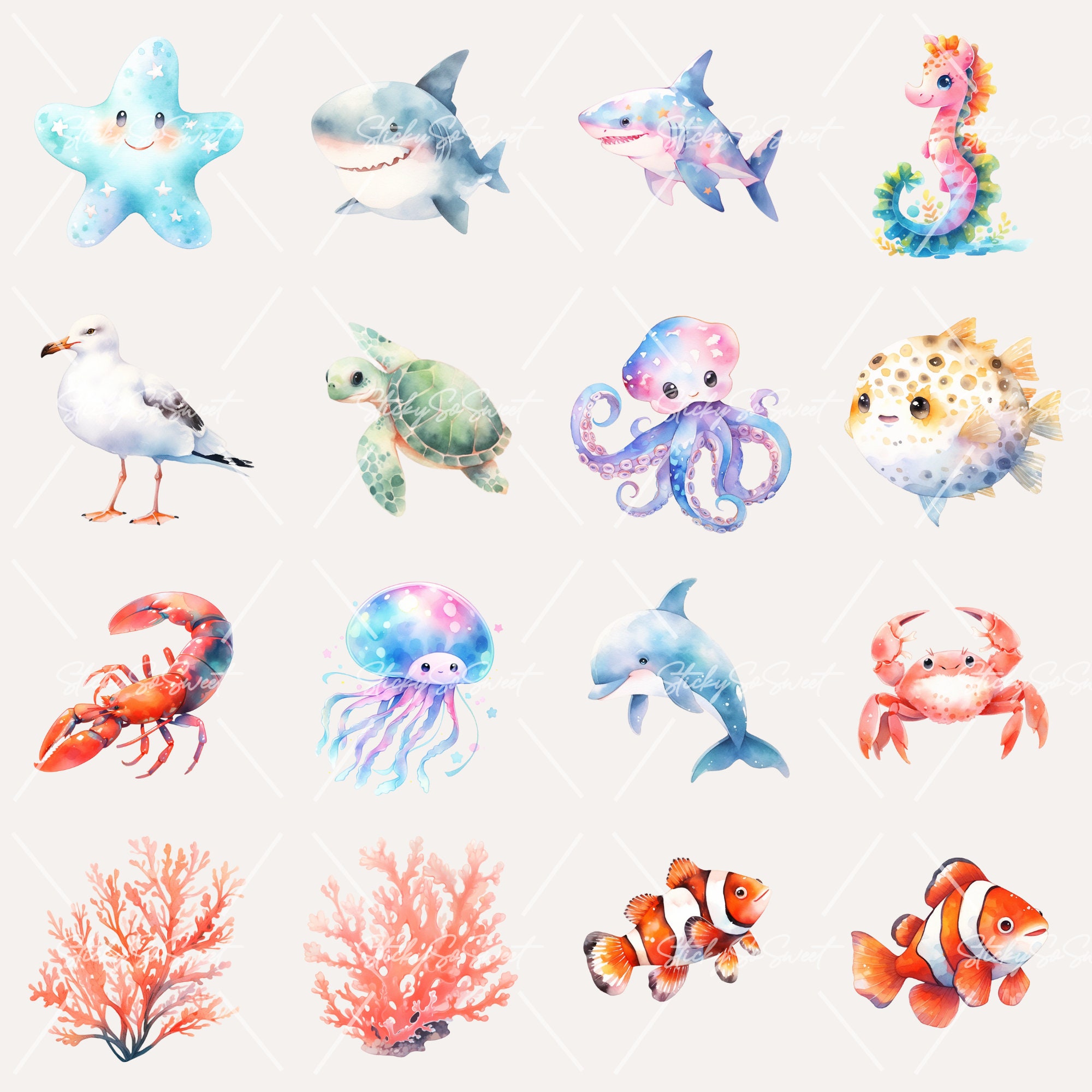 Watercolor Cute Ocean Animals Bundle PNG Commercial Use - Etsy