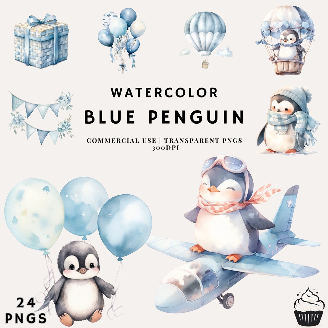 Watercolor Baby Blue Penguin Bundle Clipart | PNG | Commercial Use ...